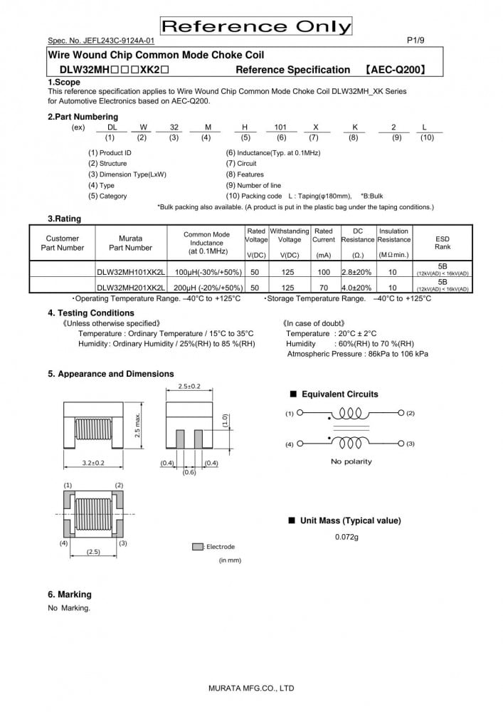 DLW32MH201XK2L specification page 1