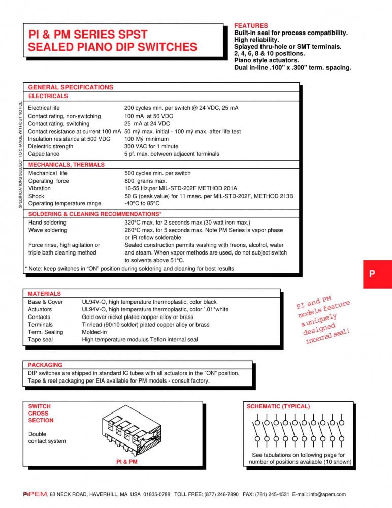 APEM PM series technical document page 1