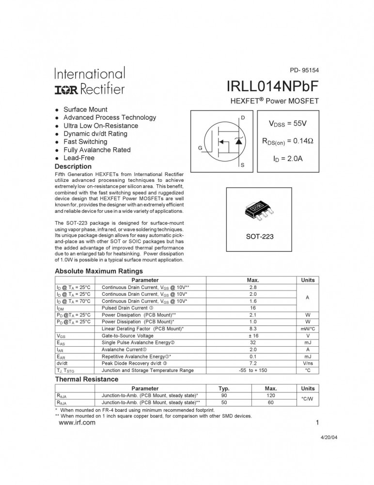 IRLL014NTRPBF datasheet page 1