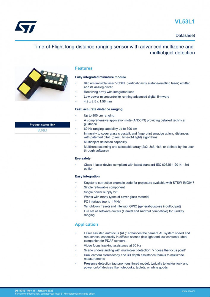 VL53L1 technical document page 1