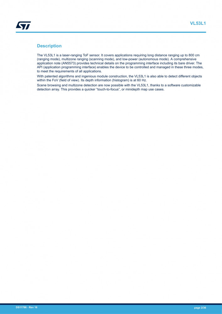VL53L1 technical document page 2