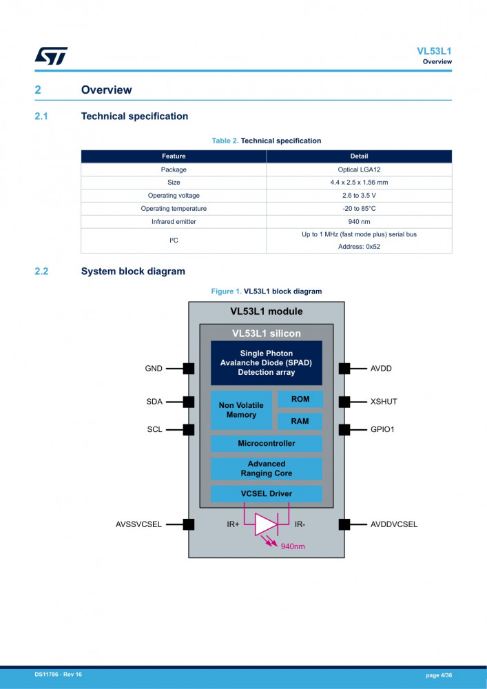 VL53L1 technical document page 4