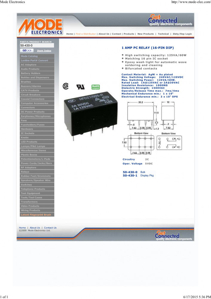 Technical document image for the 50-430-0 relay