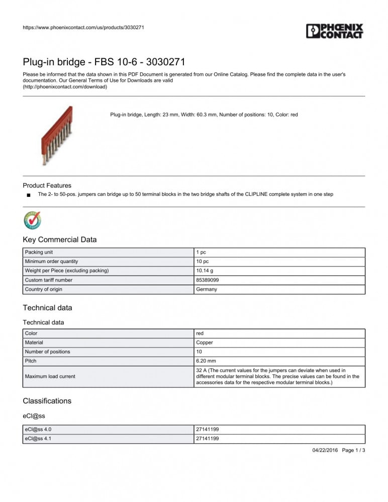 Phoenix Contact 3030271 FBS 10-6 technical document page 1