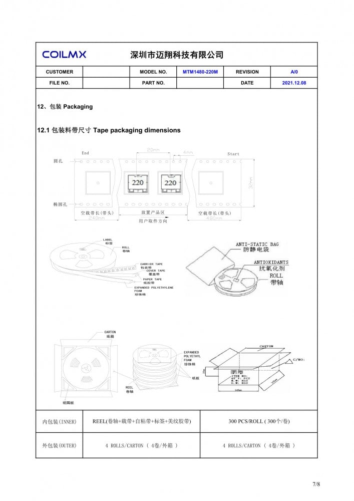 MTM1480-220M packaging and reflow profile