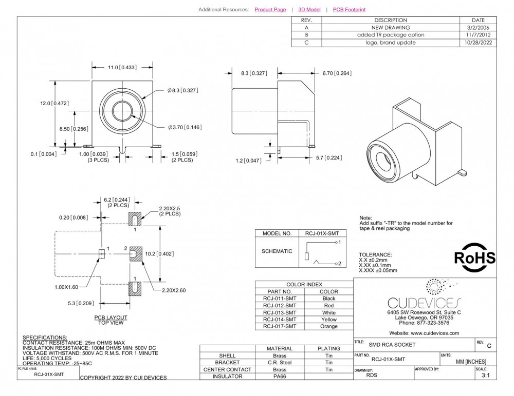 CUI RCJ-01X-SMT SMD RCA socket drawing preview
