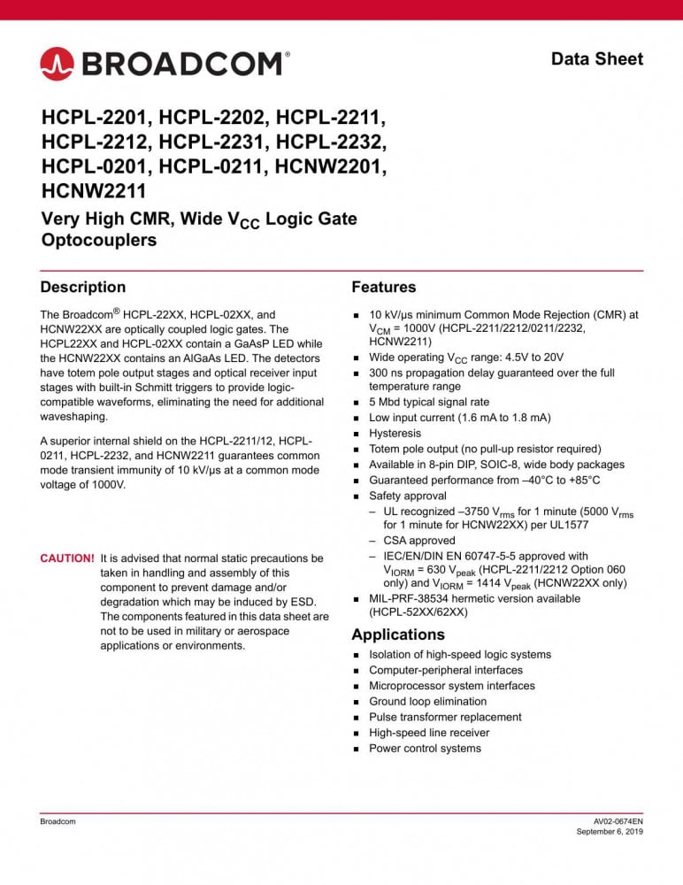 HCPL-2231 datasheet page 1
