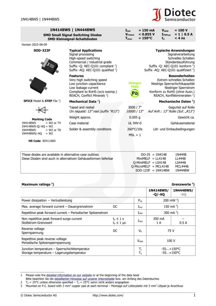 DIOTEC 1N4148WS-AQ datasheet page 1