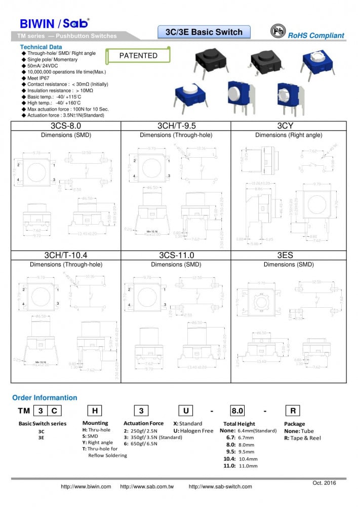 BIWIN rotary switch dimensional reference