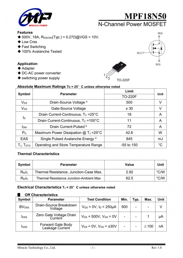 MPF18N50 datasheet page 1