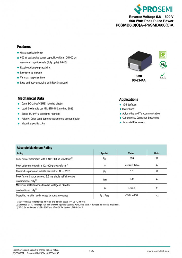 P6SMB43CA datasheet page 1