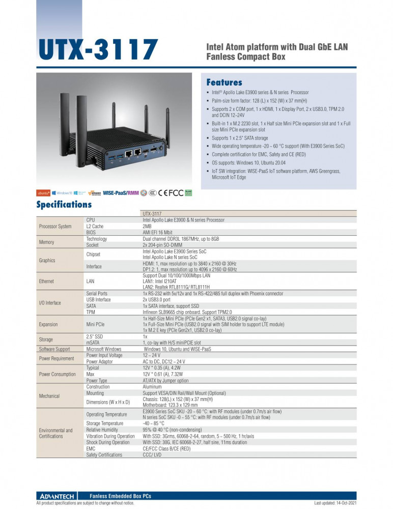 ADVANTECH UTX-3117FS-S6A1N technical document page 1