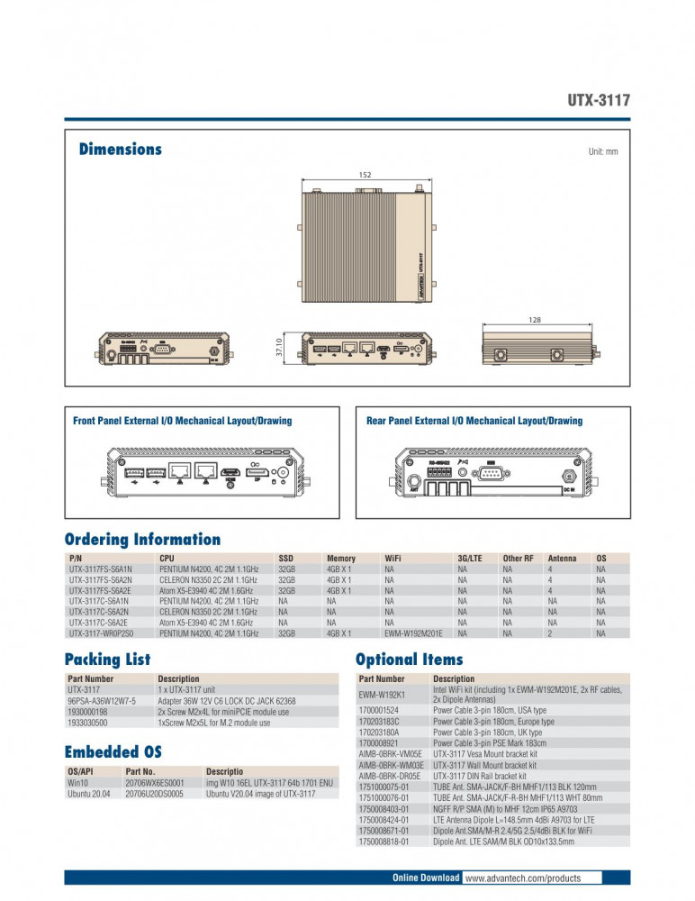 ADVANTECH UTX-3117FS-S6A1N technical document page 2