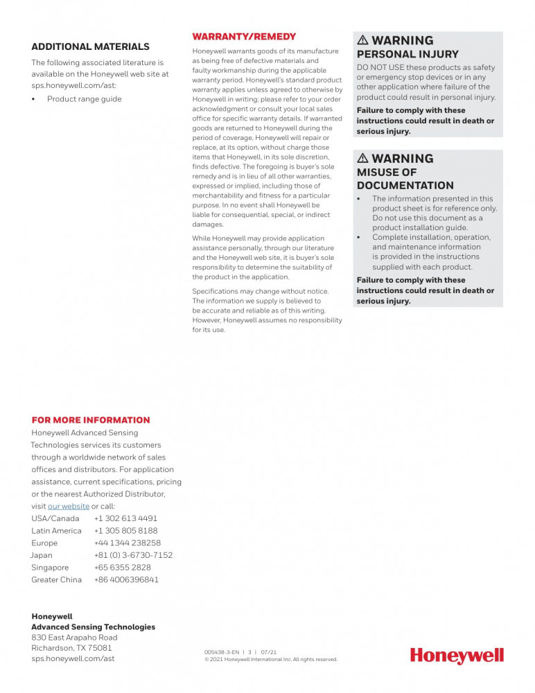 Honeywell TP Series datasheet page 8