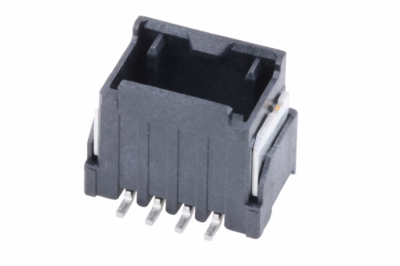 Mini-Fit Max Vertical Header, Single Row, Surface Mount, 6 Circuits, Matte Tin (Sn) Plating, Black, Glow-Wire Capable, with Pick-and-Place Tape, Tape and Reel