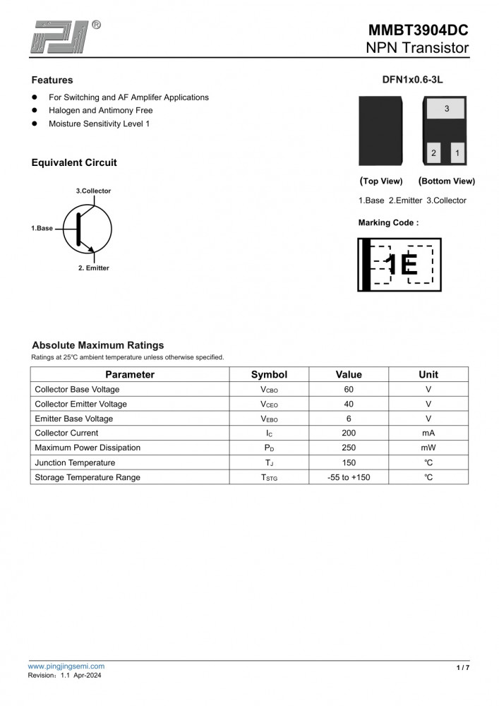 MMBT3904DC datasheet page 1