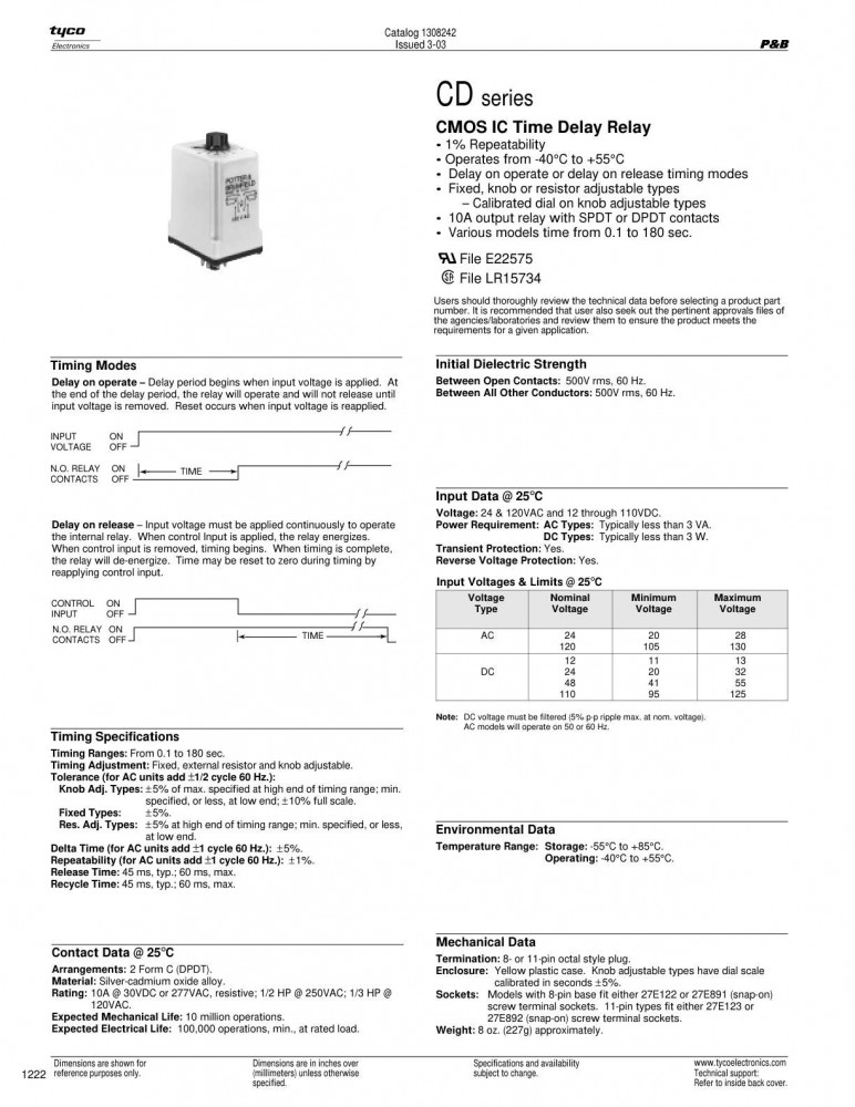 JRH Electronics CD Series time delay relay documentation, page 1