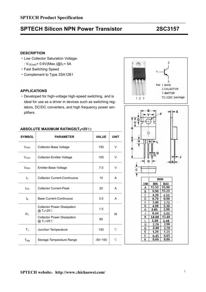 2SC3157 SPTECH datasheet page 1