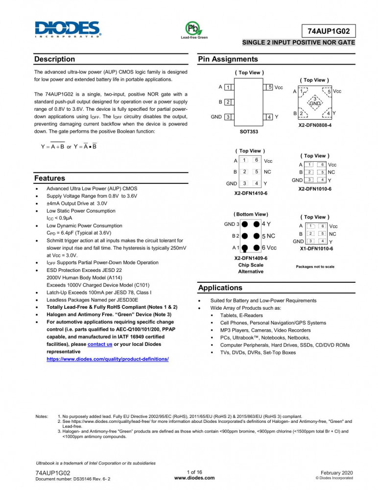 74AUP1G02FX4-7 datasheet page 1
