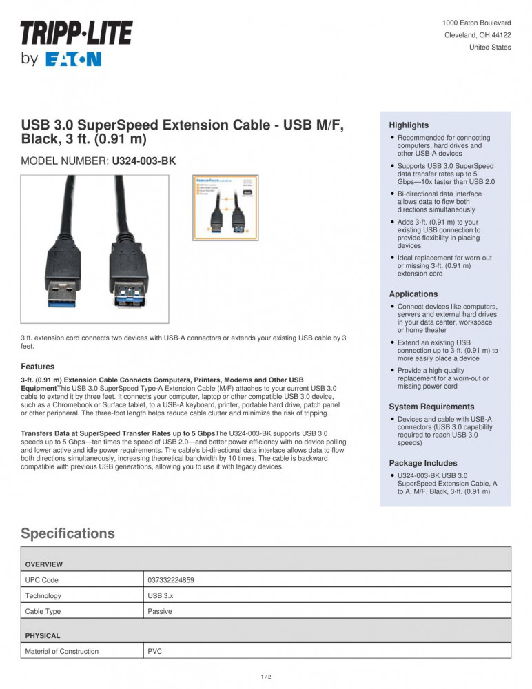 EATON U324-003-BK technical document page 1