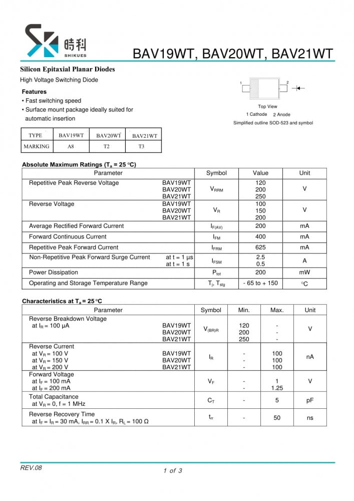BAV21WT datasheet page 1