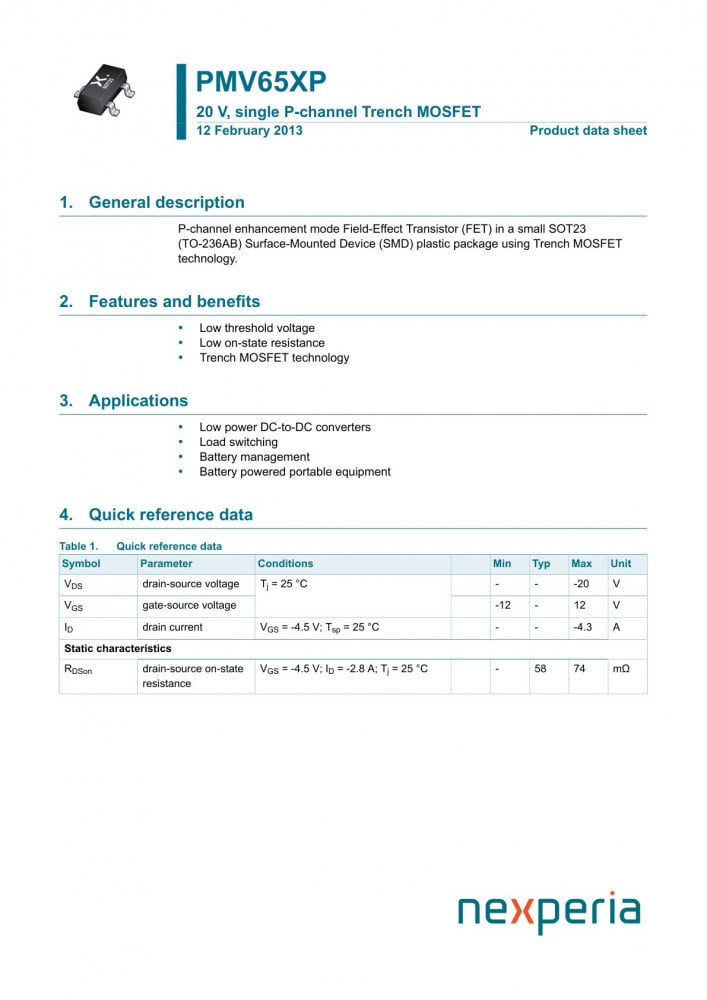 PMV65XP datasheet page 1
