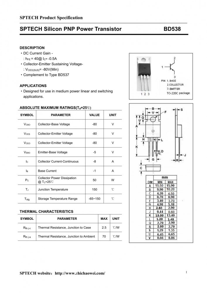 SPTECH BD538 datasheet page 1