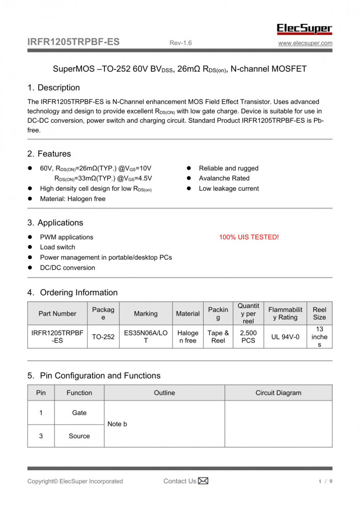 IRFR1205TRPBF-ES datasheet page 1
