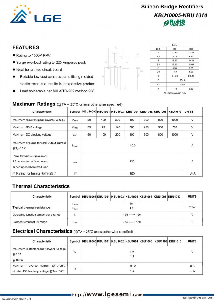 LGE KBU1010 datasheet page 1