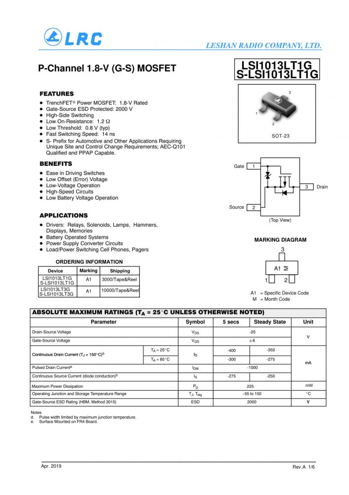 LSI1013LT1G technical document page 1