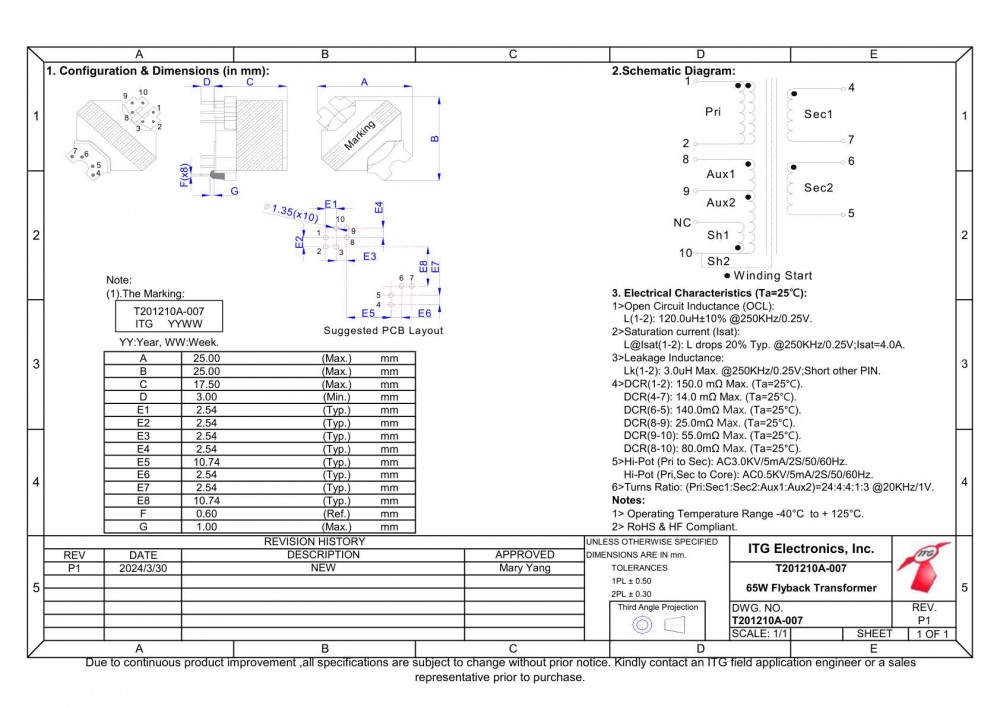 ITG Electronics T201210A-007 flyback transformer drawing and specifications