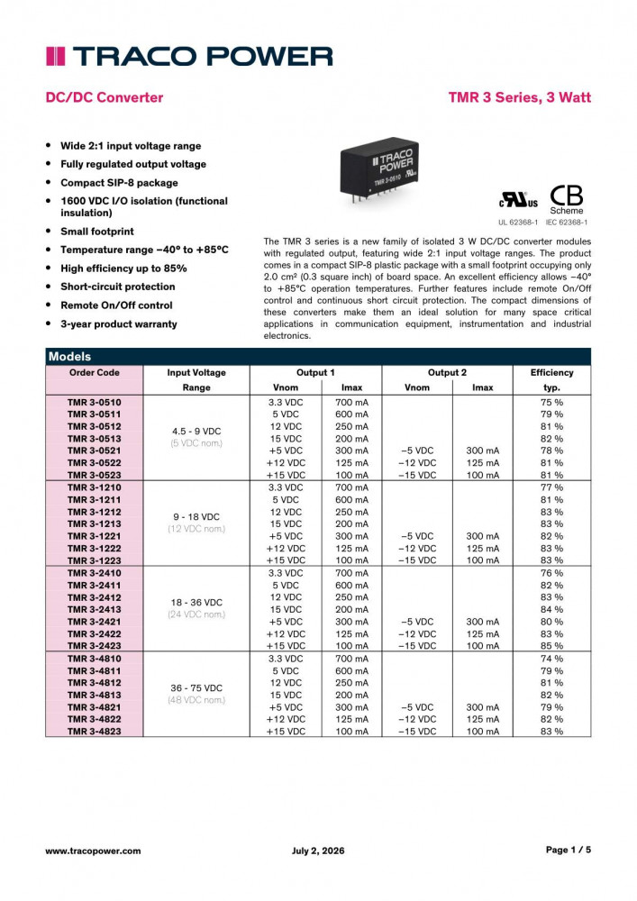 TRACO POWER TMR 3 series technical document, page 1