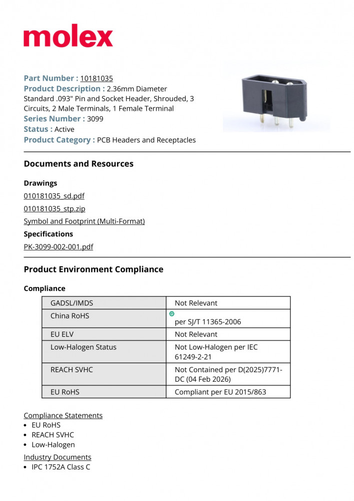 MOLEX 10181035 technical document, page 1