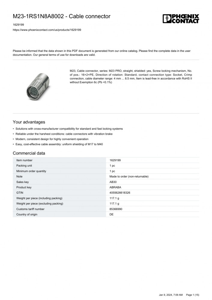 Phoenix Contact 1629199 technical document page 1