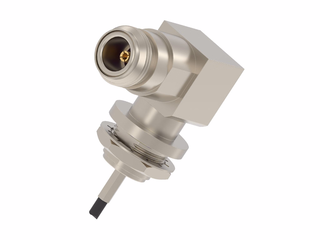 N Jack, Straight, 4-Hole Flange Mount, Crimp, RG-174, RG-188 and RG-316 Cable, Brass Body, Nickel (Ni) Plated, IP68, Tray, 50 Ohms