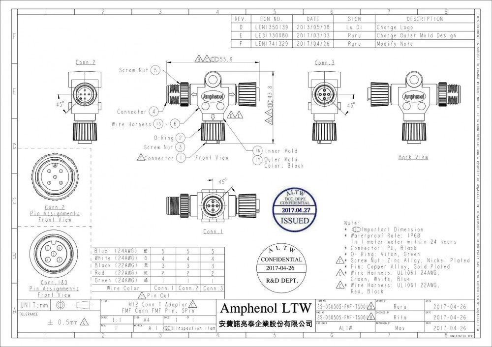 Amphenol LTW SS-050505-FMF-TS001 technical drawing