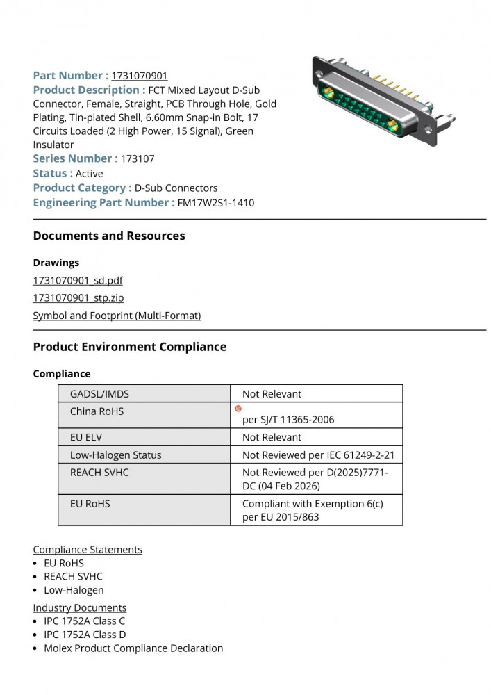MOLEX 1731070901 product drawing preview, page 1