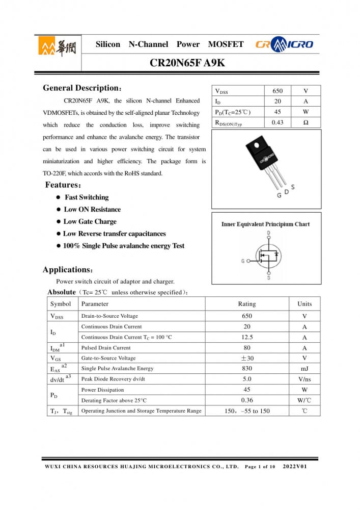 CR20N65FA9K datasheet page 1