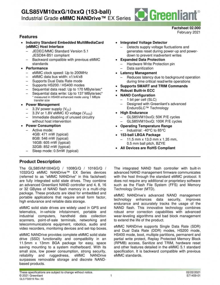 Greenliant GLS85VM1008G datasheet page 1