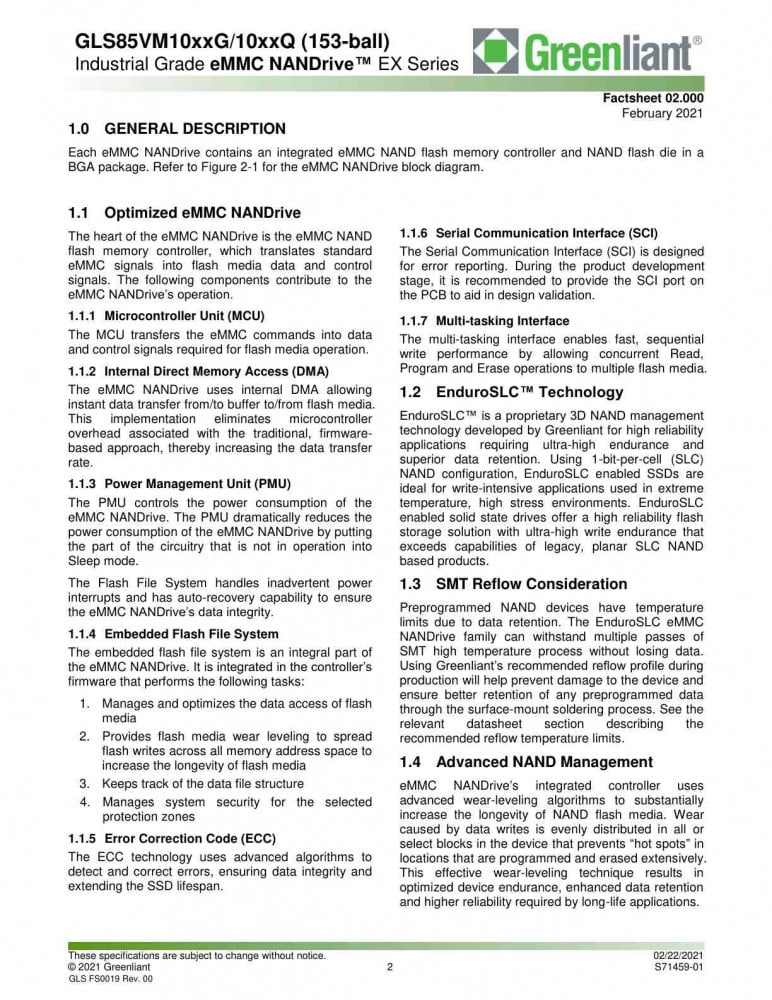 Greenliant GLS85VM1008G datasheet page 2