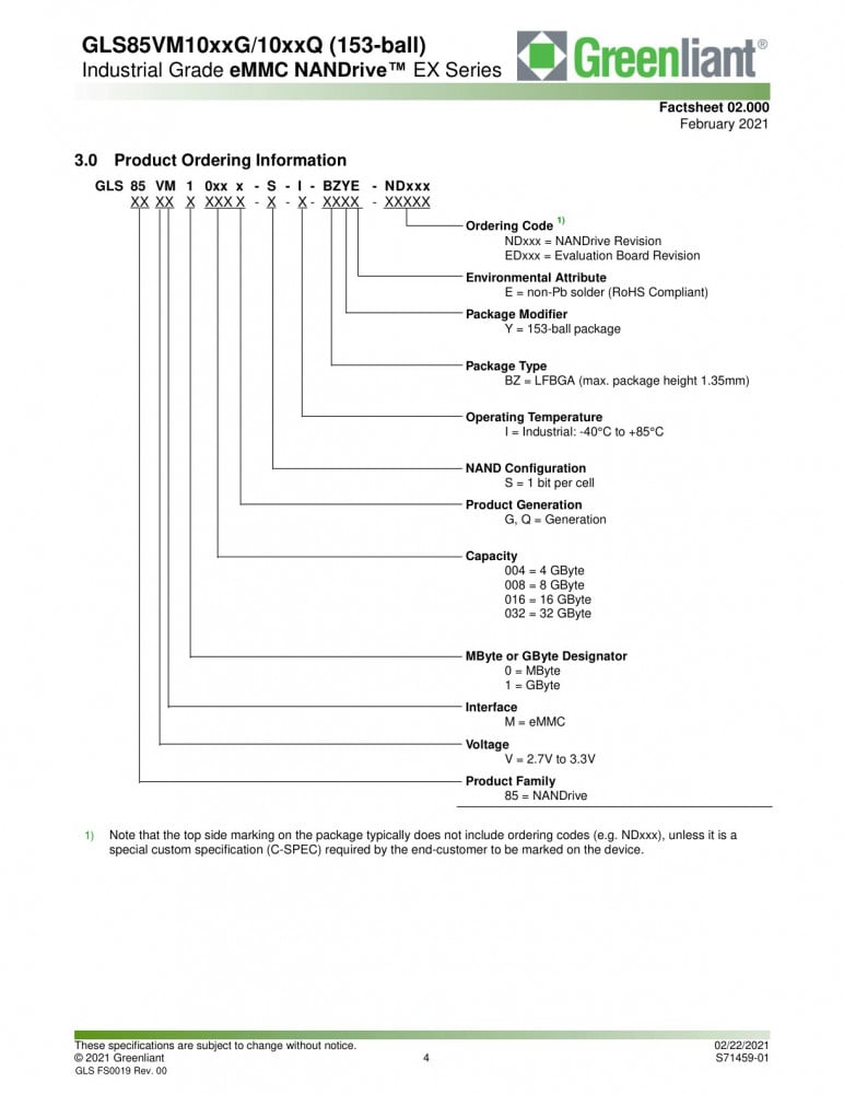 Greenliant GLS85VM1008G datasheet page 4