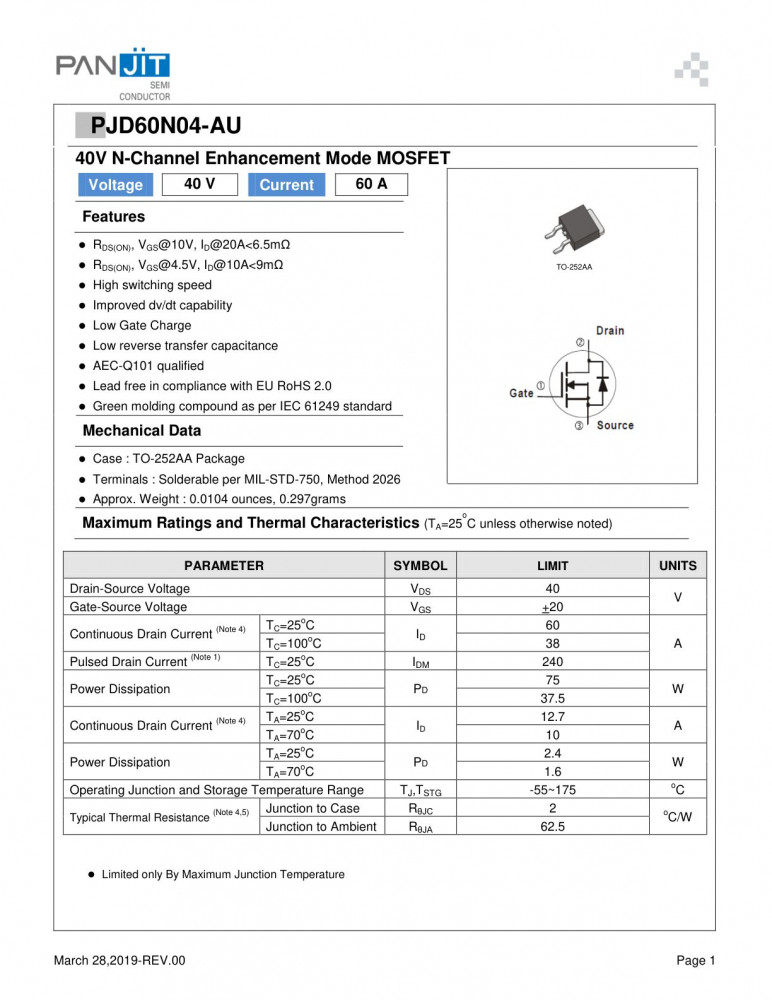 PJD60N04-AU datasheet page 1