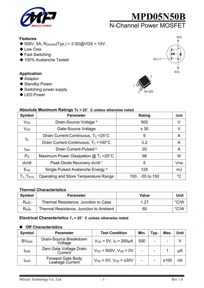MPD05N50B datasheet page 1