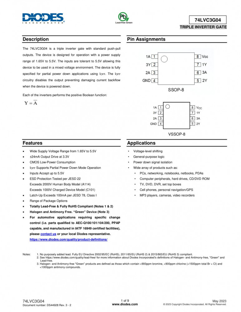 74LVC3G04 datasheet page 1