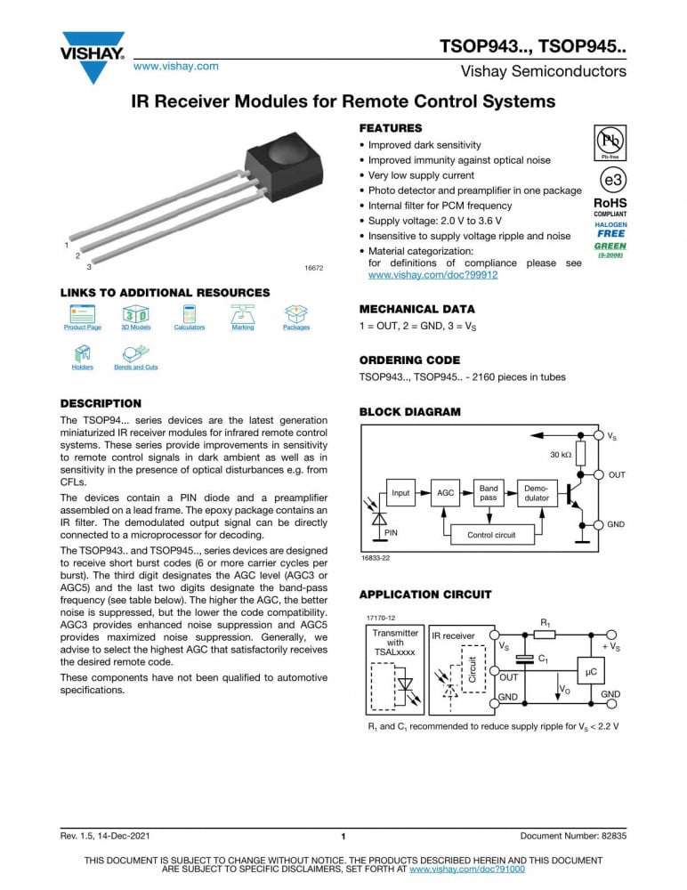 TSOP94338 datasheet page 1