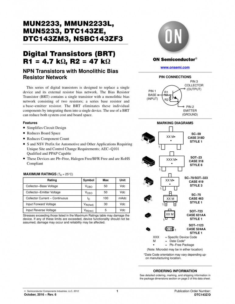 DTC143ZM3T5G datasheet page 1