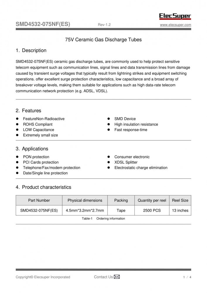 SMD4532-075NF(ES) product datasheet page 1