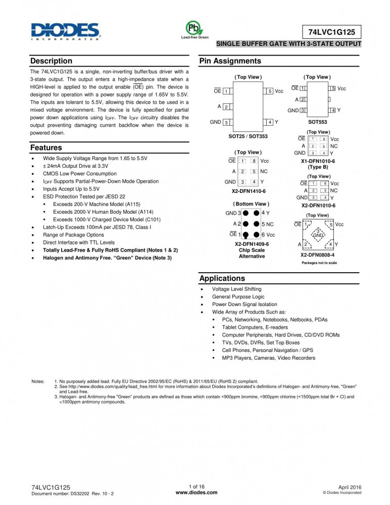 74LVC1G125FX4-7 datasheet page 1