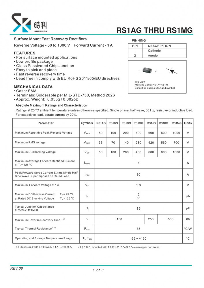 RS1DG datasheet page 1