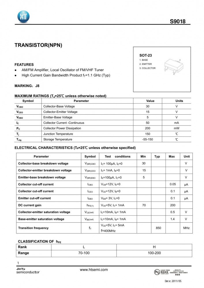 S9018 official datasheet page